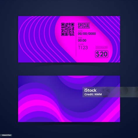 티켓 카드 쿠폰 및 새로운 현대 화려한 보라색과 라인에서 바우처 그래픽 디자인에 대 한 서식 파일 요소입니다 벡터 일러스트 레이 션 Qr코드에 대한 스톡 벡터 아트 및 기타