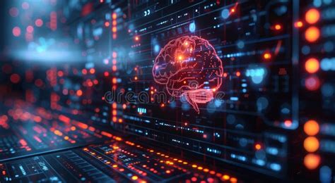 Futuristic Visualization Of An Ai Brain Projected With Surrounding Digital Data Charts Stock