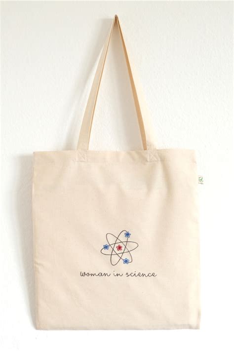 Hand Embroidered Woman In Science Tote Bag Eco Friendly Cotton