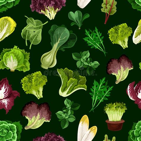 Leaf Vegetable Salad Greens Seamless Pattern Stock Vector