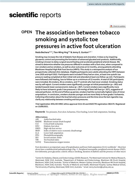 Pdf The Association Between Tobacco Smoking And Systolic Toe Pressures In Active Foot Ulceration