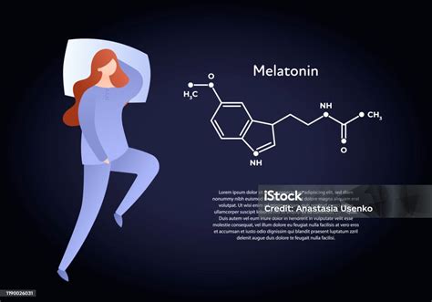 벡터 호르몬 플랫 문자 배너 템플릿입니다 멜 라 토 닌 구조와 어두운 배경에 자 여자 텍스트의 자리 홀더입니다 과학 적인 현대 개념 교육 프리젠 테이션을위한 디자인 0명에