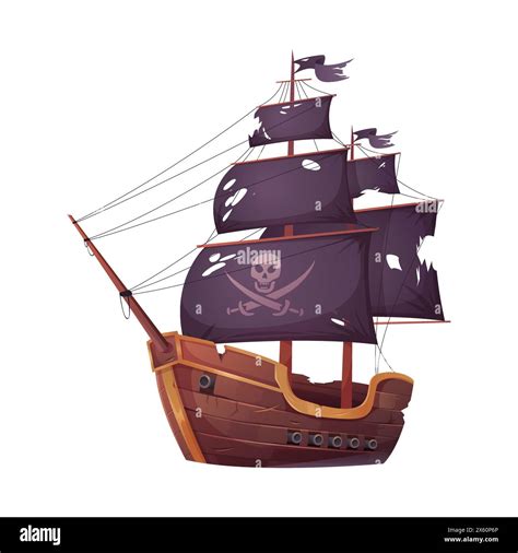 Pirate Broken Ship With Skull And Crossbones On Black Torn Sails After