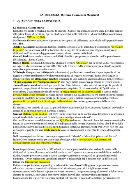 Riassunto Dettagliato Del Testo La Dislessia Docsity