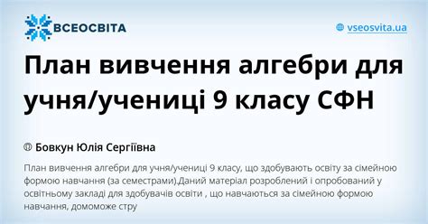 План вивчення алгебри для учня учениці 9 класу СФН КТП Алгебра