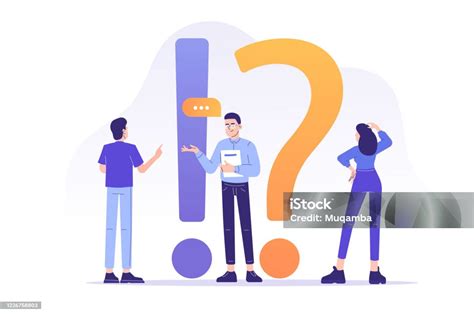 자주 질문 하는 질문 개념 큰 느낌표와 물음표 근처에 서서 질문을하고 답변을받는 혼란스러운 사람들 온라인 고객 지원 센터 벡터 일러스트레이션 느낌표에 대한 스톡 벡터 아트
