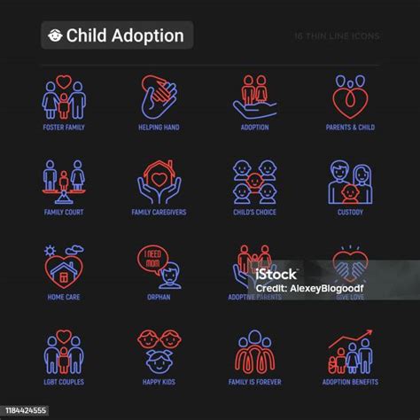 아이 입양 얇은 라인 아이콘 세트 입양 부모 도움 의 손 고아 홈 케어 자녀와 Lgbt 커플 양육권 간병인 행복한 아이 검은 색 테마에 대한 현대 벡터 그림입니다 아버지에