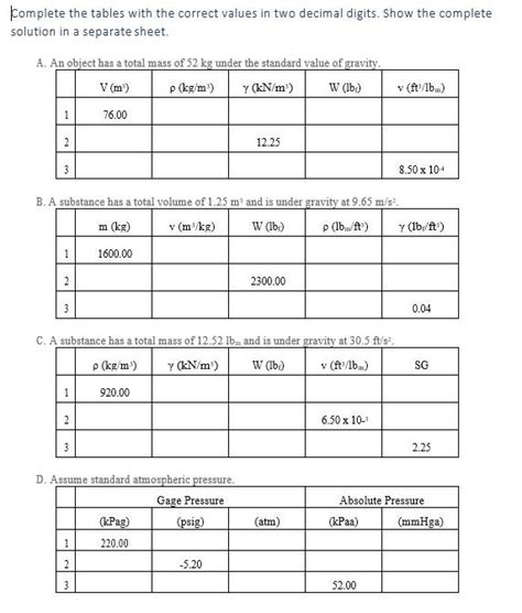 Solved Complete The Tables With The Correct Values In Two Chegg