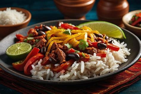 Fajita Plate With Rice And Beans Premium Ai Generated Image
