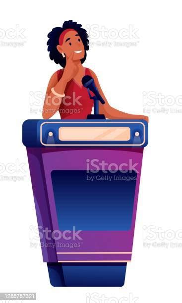 퀴즈 게임을 하는 젊은 여성 행복한 소녀는 마이크와 함께 서서 경쟁에서 질문에 대답합니다 텔레비전 퀴즈 쇼 벡터 일러스트레이션