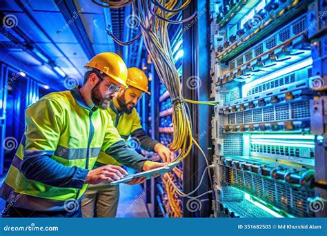 Professional Engineers Maintaining Cables And Systems In A Modern High Tech Server Room
