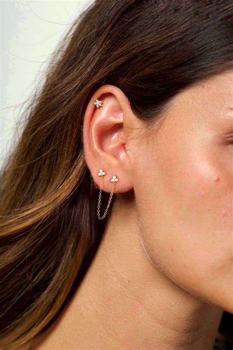 Double Stud Earring With Chain Gold Chain Earrings Chain Stud Earring