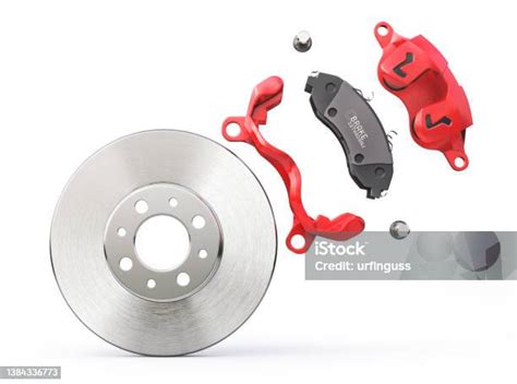 빨간 캘리퍼가있는 자동차 브레이크 디스크 흰색 배경에 자동차 브레이크 3d 일러스트레이션 브레이크에 대한 스톡 사진 및 기타 이미지 Istock
