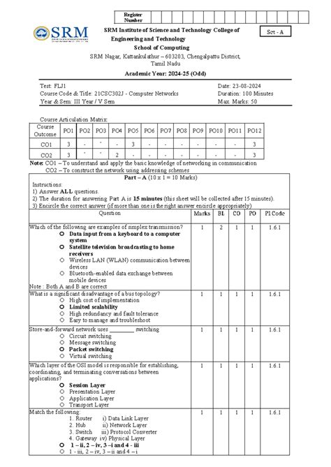 Cn Set A Answer Key Ct Ques Paper Register Number Srm Institute Of