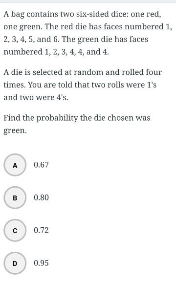 Solved A Bag Contains Two Six Sided Dice One Red One