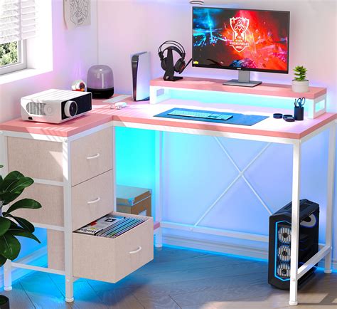 Ebern Designs L Shaped Desk With Power Outlets And Led Lights Pink Computer Desk With Drawers