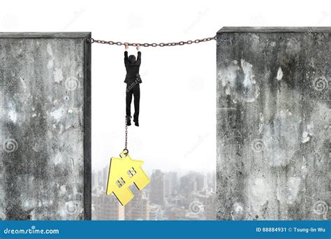 Businessman Shackled By Gold House Hanging On Iron Chains Stock Image Image Of Challenge