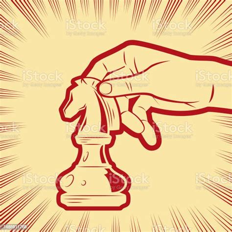 방사형 만화 스피드 라인이 있는 배경에서 기사 체스를 들고 있는 손 Chess Olympiad에 대한 스톡 벡터 아트 및 기타 이미지 Chess Olympiad 개념