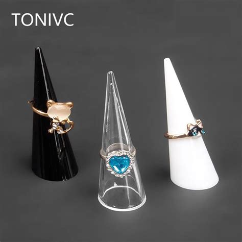 Tonvic 미니 투명 아크릴 라이앵글 원추형 반지 디스플레이 주얼리 플라스틱 주얼리 디스플레이 손가락 반지 20 개50 개