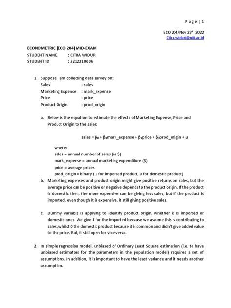 Mid Exam Econometric Pdf Errors And Residuals Estimator