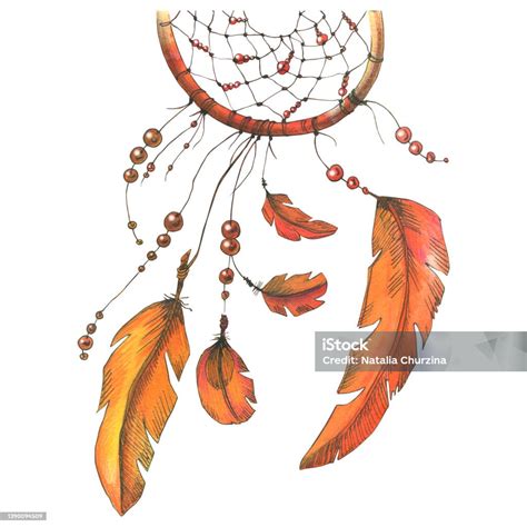 깃털과 구슬이 있는 오렌지 드림캐처의 수채화 일러스트 수채화와 컬러 연필로 칠해졌습니다 포스터 벽지 장식 엽서 디자인용 토착종에