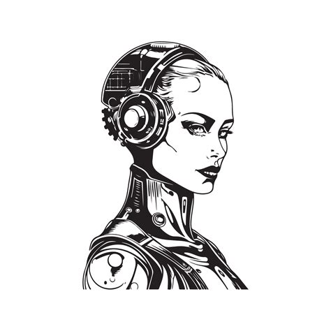 Science Fiction Cyborg Female Vintage Logo Line Art Concept Black And
