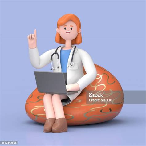 보라색 콩 주머니 안락의자에 노트북이 있는 여성 의사 노바의 3d 그림 파란색 배경에 분리된 의료 프레젠테이션 클립 아트