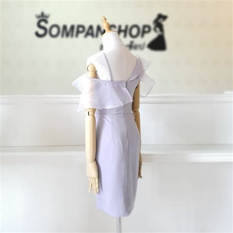 ชุดไปงานแต่งงานสีเทา เดรสสั้นแต่งระบายผ้าไหมแก้ว แบบน่ารัก สวยๆ เรียบหรูดูแพง ชุดราตรี ชุดไปงาน