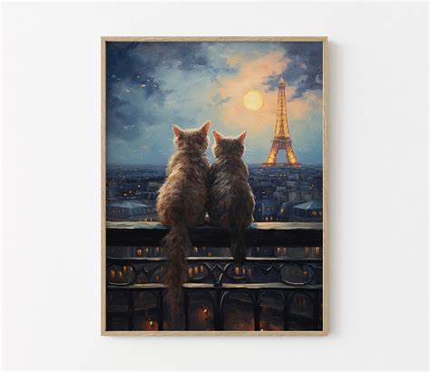 Póster De Gato De La Torre Eiffel De París Impresión Artística Romántica De Gato Decoración De