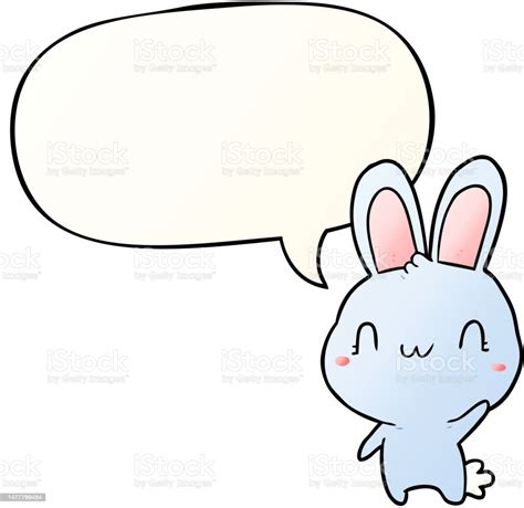 부드러운 그라데이션 스타일로 말풍선으로 흔들리는 귀여운 만화 토끼 귀여운에 대한 스톡 벡터 아트 및 기타 이미지 귀여운