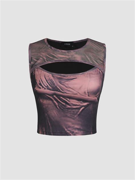 Knit Fabric All Over Print Round Neckline Cut Out Crop Tank Top For