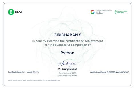 Giridharan S On Linkedin Python Guvi Programming Certification