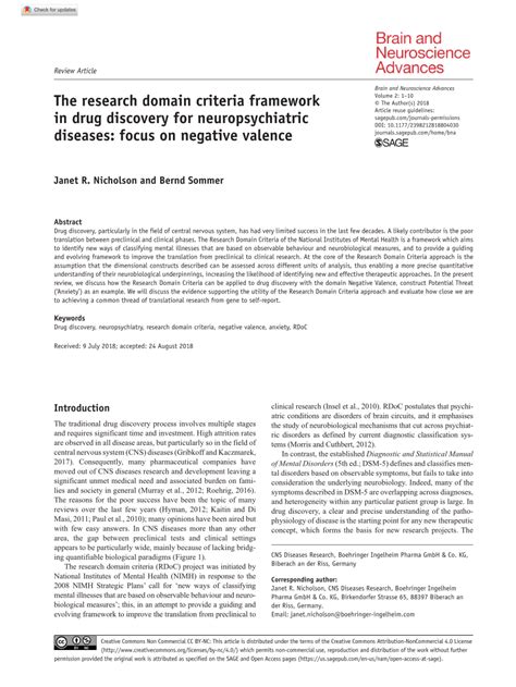 Pdf The Research Domain Criteria Framework In Drug Discovery For Neuropsychiatric Diseases