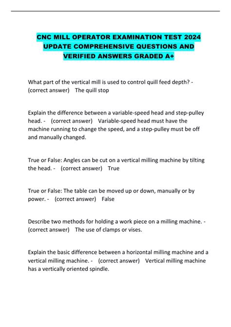 CNC MILL OPERATOR EXAMINATION TEST UPDATE COMPREHENSIVE QUESTIONS AND VERIFIED ANSWERS