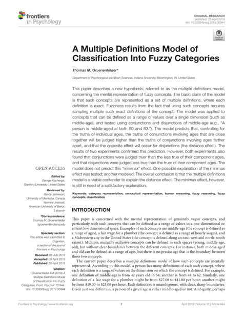 Pdf A Multiple Definitions Model Of Classification Into Fuzzy Categories