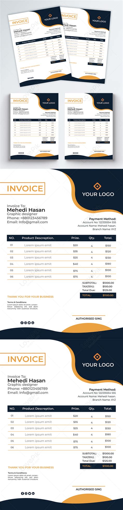 การออกแบบแม่แบบใบแจ้งหนี้ของเวกเตอร์สีเทาสีส้มที่สวยงาม ดาวน์โหลดรูปภาพ