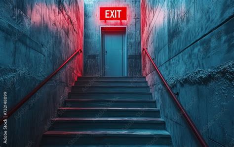 Red Exit Sign In A Dark Corridor With Red Light 3d Rendering Stock