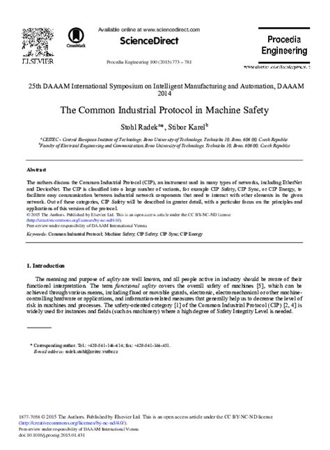 Pdf The Common Industrial Protocol In Machine Safety