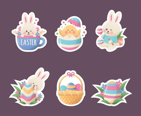 Set Of Easter Cute Bunny And Egg Sticker Freevectors