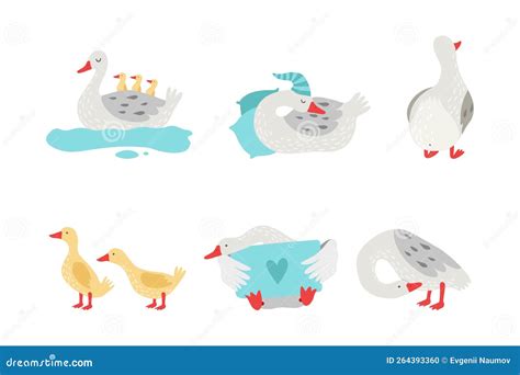 Juego De Personajes Lindos De Ganso Y Chisme Ilustración Vectorial De