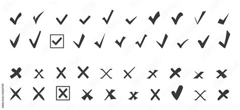 Grey Check Mark And Cross Icon Set Square Tick Symbol In Grey Color Hand Drawn Checkmark
