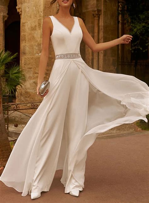 Jumpsuitpantsuit V Neck Sleeveless Elastic Satin Floor Length Wedding