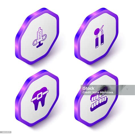등대 측정 주사기 치과 거울 및 프로브 중괄호 및 틀니 모델 아이콘이있는 치아를 설정합니다 보라색 육각 버튼 벡터 3차원 형태에 대한 스톡 벡터 아트 및 기타 이미지