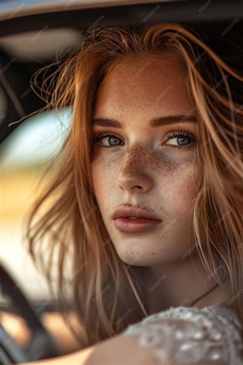 Portrait Of A Beautiful Redhaired Girl With Freckles On Her Face In A