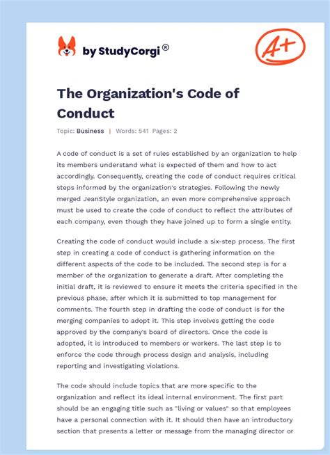The Organization S Code Of Conduct Free Essay Example