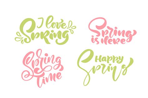 여섯 내가 사랑 봄 파스텔 서 예 레터링 문구의 집합입니다 벡터 손으로 그린 고립 된 텍스트입니다 인사말 카드 스크랩북 인쇄를 위한 낙서 디자인 스케치 3월에 대한 스톡