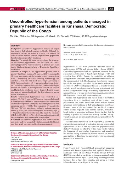 PDF Uncontrolled Hypertension Among Patients Managed In Primary