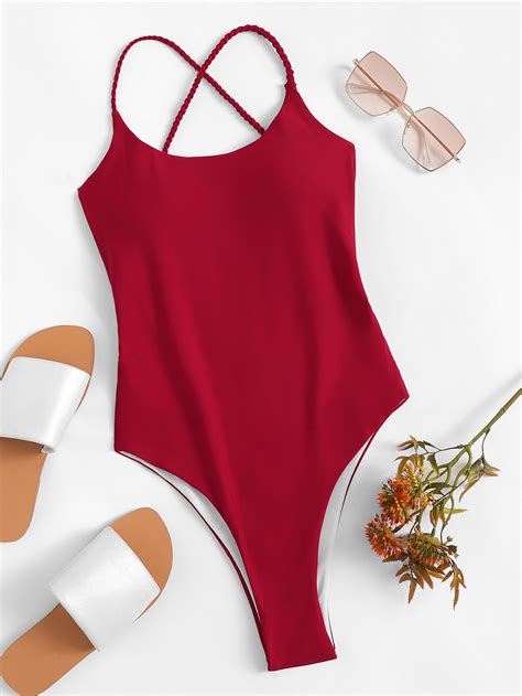 Criss Cross Backless High Leg One Piece Swimsuit Romwe