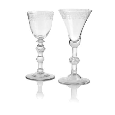 Bonhams Two Dutch Engraved Wine Glasses Circa 1740