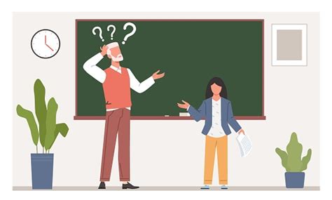 어리둥절한 선생님이 칠판 앞에 서 있다 물음표로 혼란스러워하는 남자 학생과 성인 토론 천재 아이를 가르치고 있습니다 만화 평면